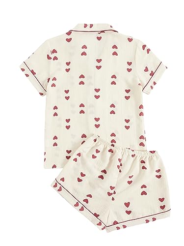 Verdusa Women's Two Piece Heart Print Button Down Collar Shirts and Shorts PJ Sets Beige M