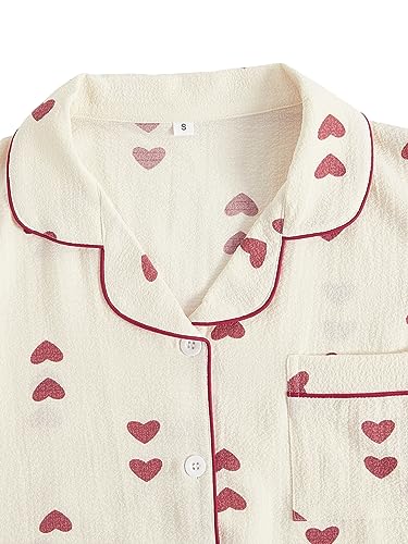 Verdusa Women's Two Piece Heart Print Button Down Collar Shirts and Shorts PJ Sets Beige M