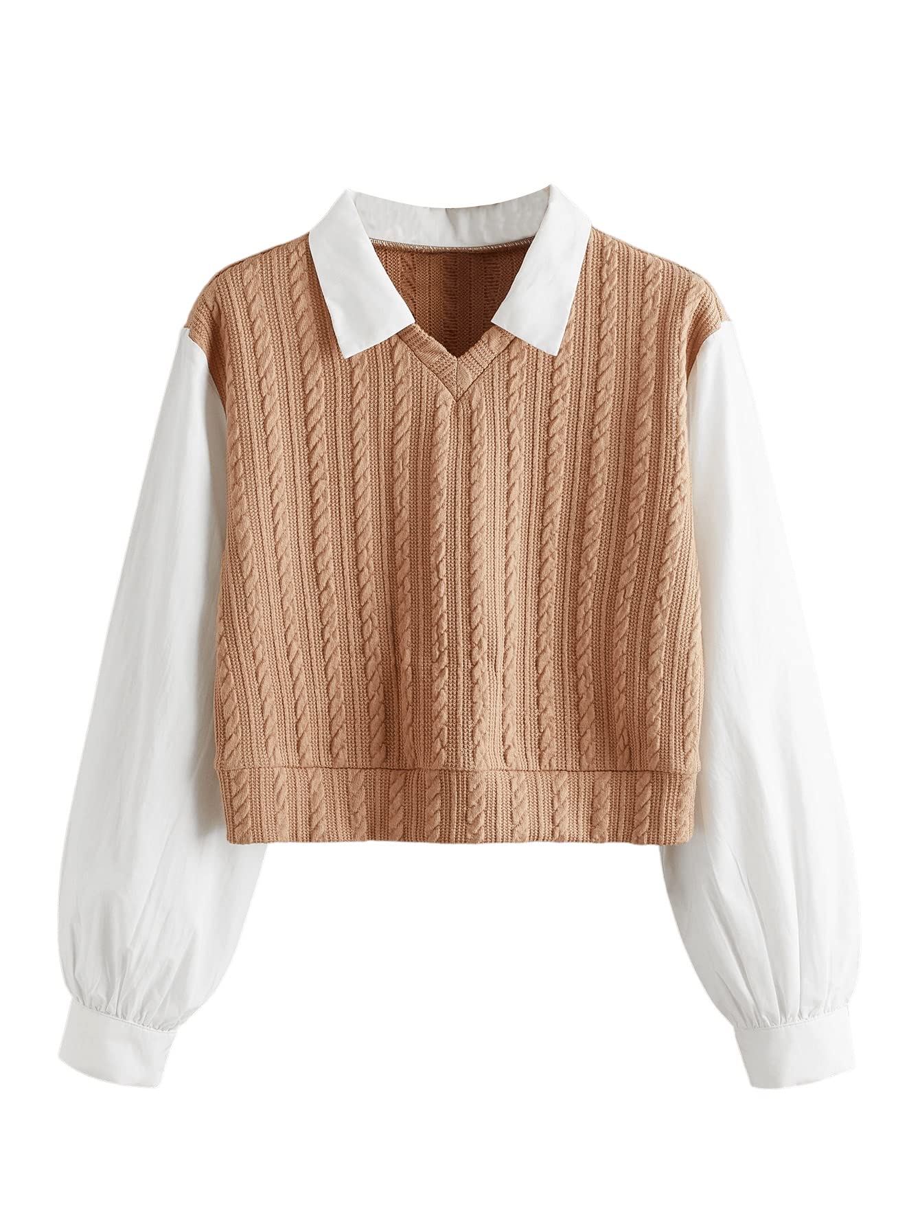 SweatyRocks Women's Collar Long Sleeve Shirt Ribbed Knit 2 in 1 Blouse Crop Top Sweater Shirt Top Cemel L