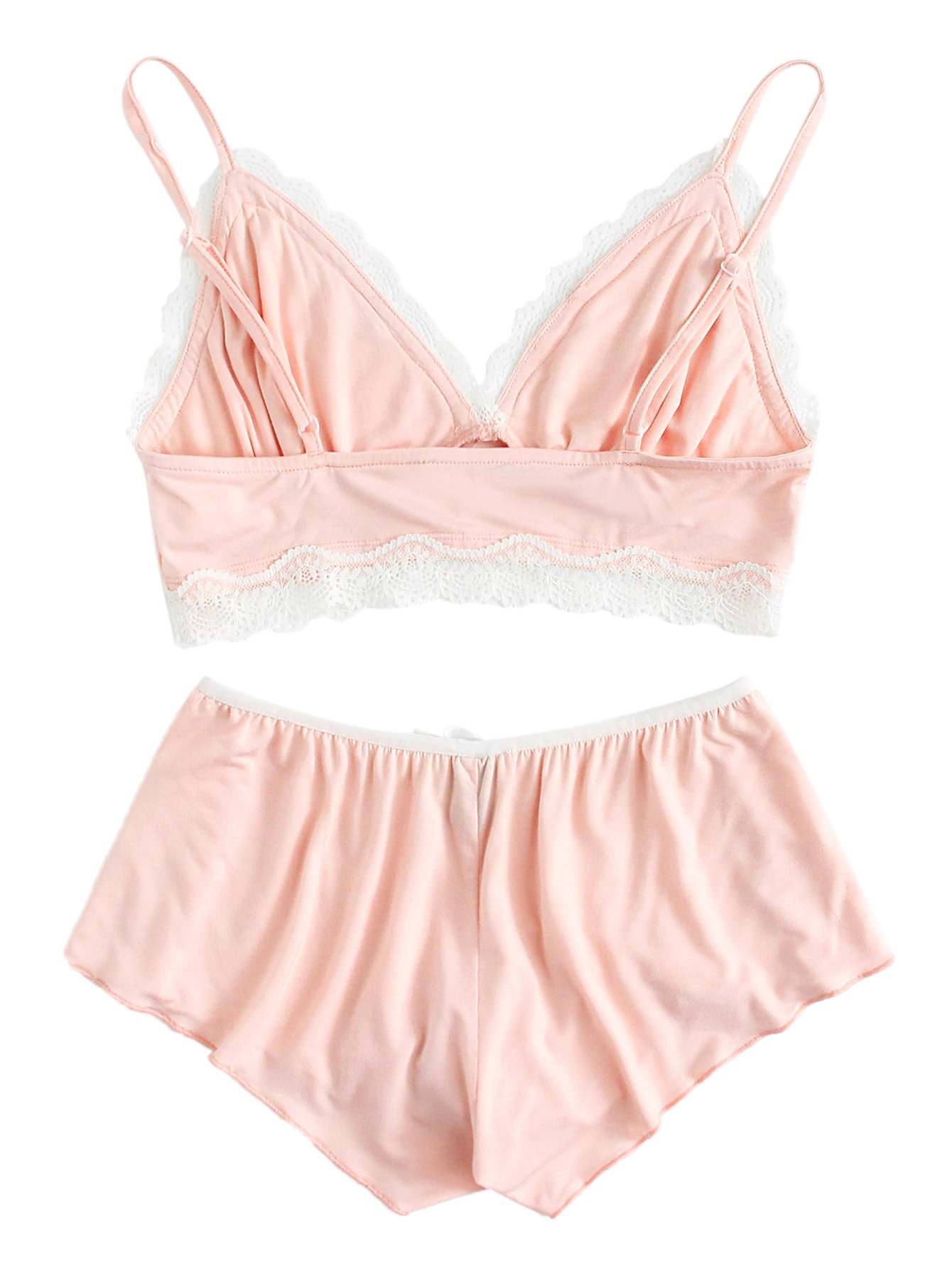 SweatyRocks Women's Lace Trim Underwear Lingerie Straps Bralette and Panty Set Lace Pink Medium