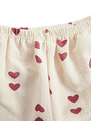 Verdusa Women's Two Piece Heart Print Button Down Collar Shirts and Shorts PJ Sets Beige M