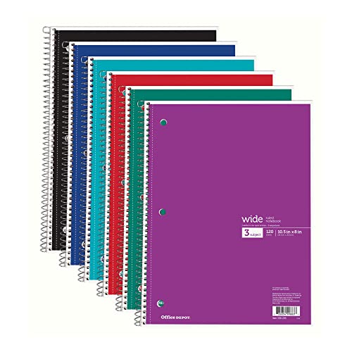 Office Depot Wirebound Notebook, 3-Hole Punched, 8in x 10 1/2in, 3 Subjects, Wide Ruled, 120 Sheets, Assorted Colors (No Color Choice), 05949
