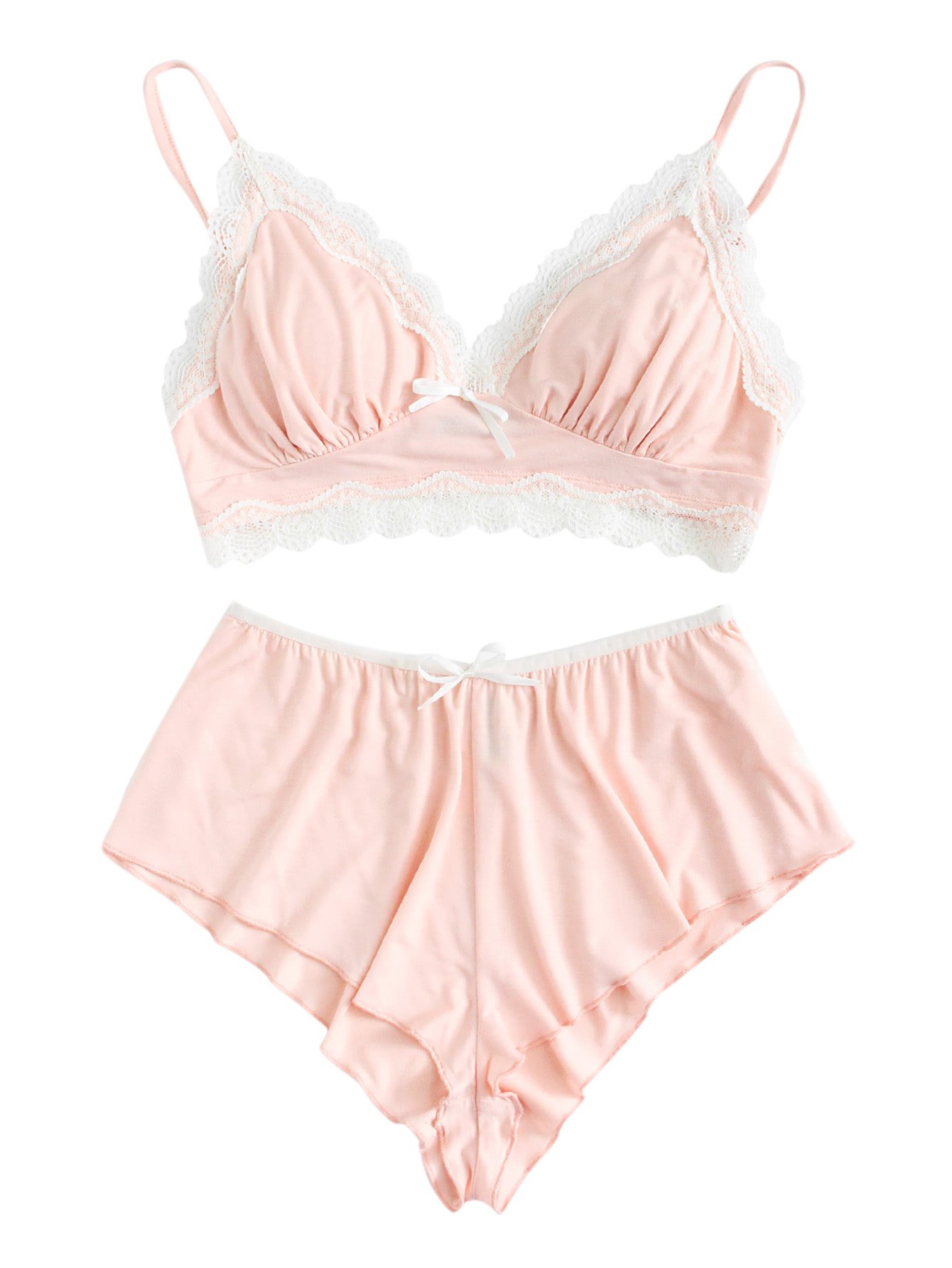 SweatyRocks Women's Lace Trim Underwear Lingerie Straps Bralette and Panty Set Lace Pink Medium