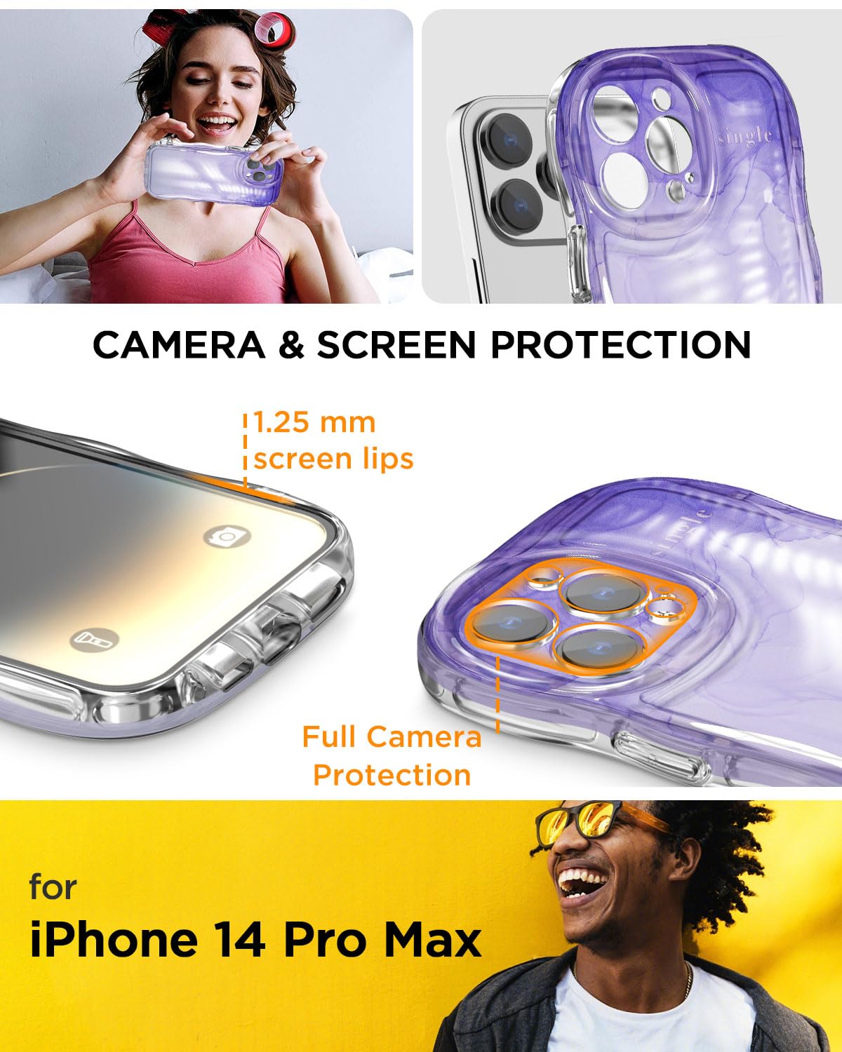 AICase iPhone 14 Pro Max Case Curly Wave Frame Cute Design with Full Camera Lens Protection,Aesthetic Kawaii Slim TPU Bumper Luxury Plated Shockproof Protective Transparent for Women Girls Men_5