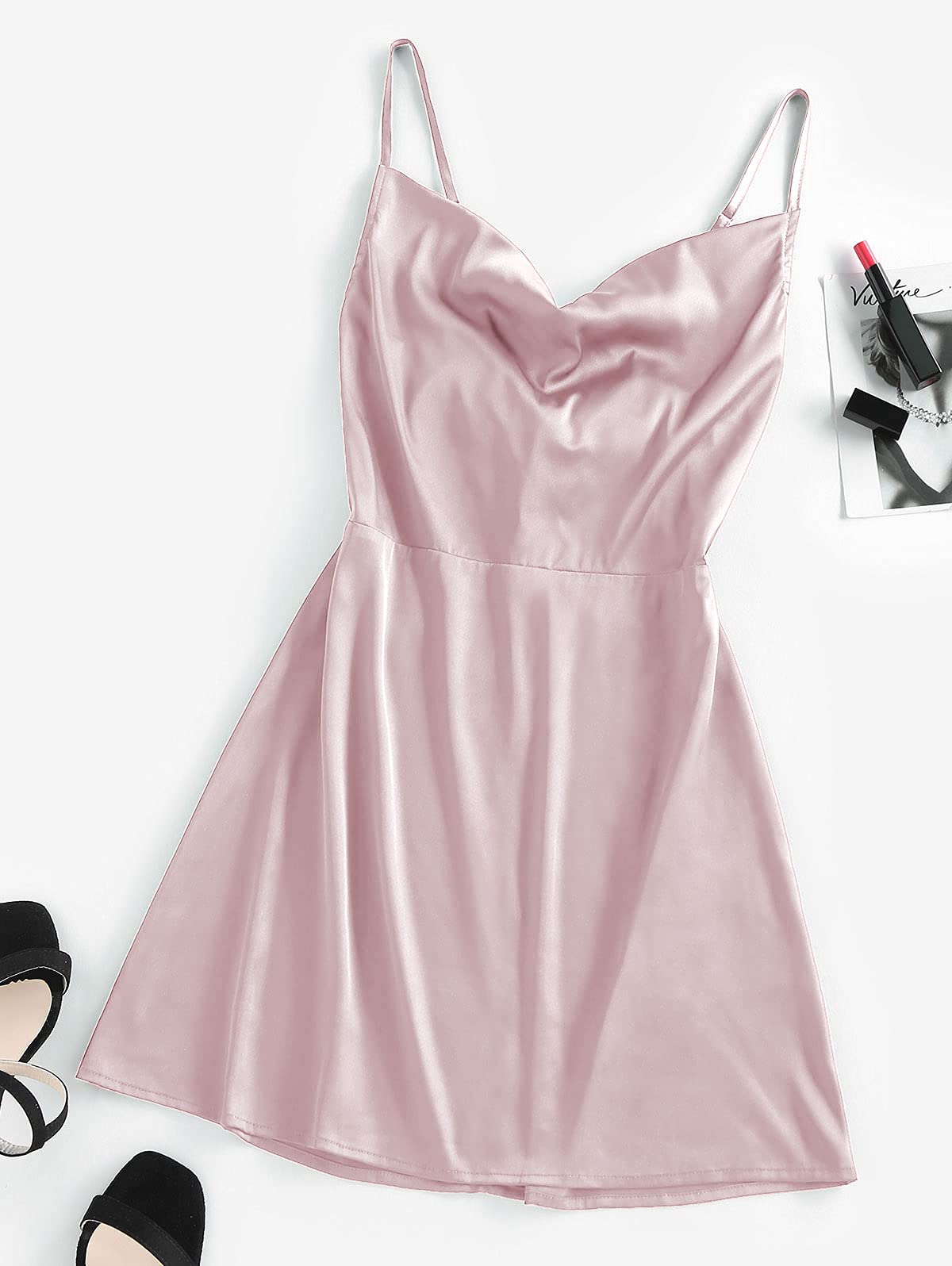 ZAFUL Women's Satin Sleeveless Spaghetti Strap Mini Dress Sexy Slip Cowl Neck Silky Cocktail Party Dresses (L, Light Pink)