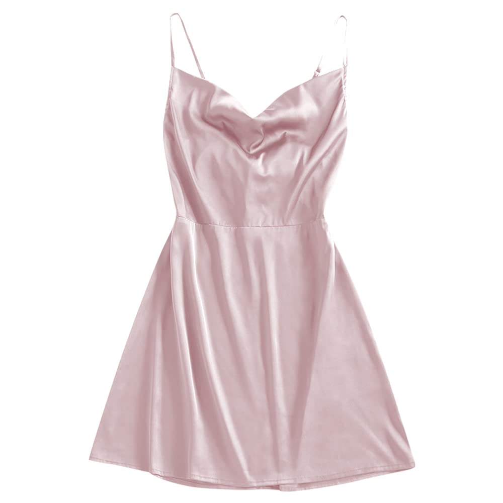 ZAFUL Women's Satin Sleeveless Spaghetti Strap Mini Dress Sexy Slip Cowl Neck Silky Cocktail Party Dresses (L, Light Pink)