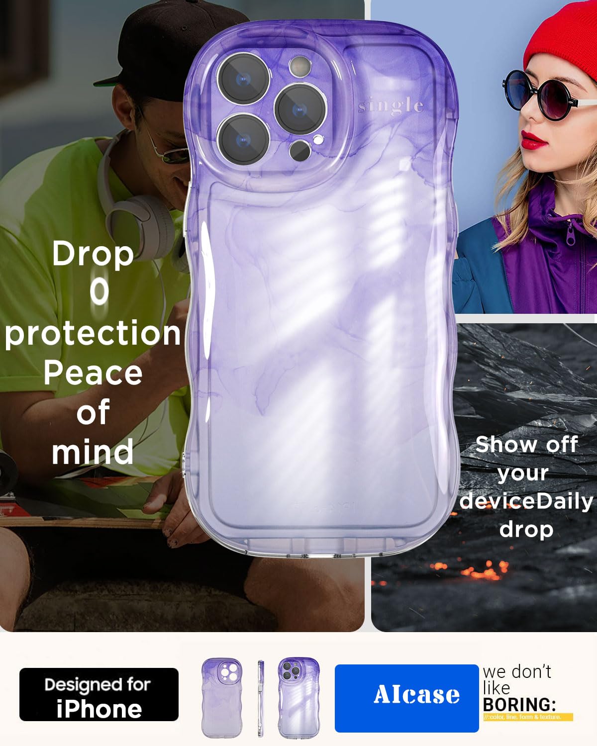 AICase iPhone 14 Pro Max Case Curly Wave Frame Cute Design with Full Camera Lens Protection,Aesthetic Kawaii Slim TPU Bumper Luxury Plated Shockproof Protective Transparent for Women Girls Men_5