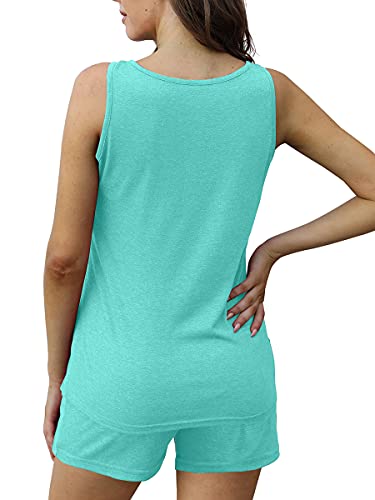 Dofaoo Womens Two Piece Outfits Cute Green Short Sets Henley Tank Tops Loose Fit Summer XL