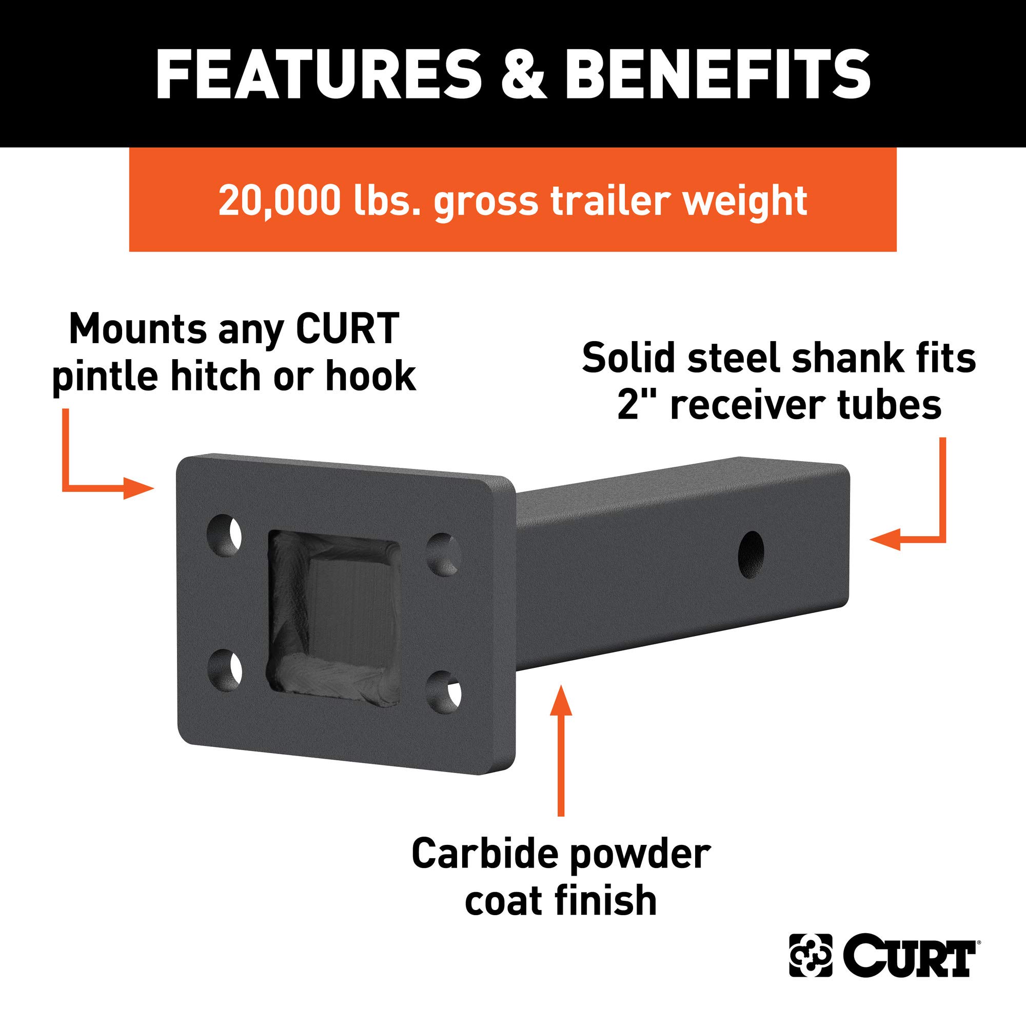 CURT 48327 Pintle Mount for 2-Inch Hitch Receiver, 20,000 lbs, 6-Inch Length