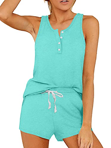 Dofaoo Womens Two Piece Outfits Cute Green Short Sets Henley Tank Tops Loose Fit Summer XL