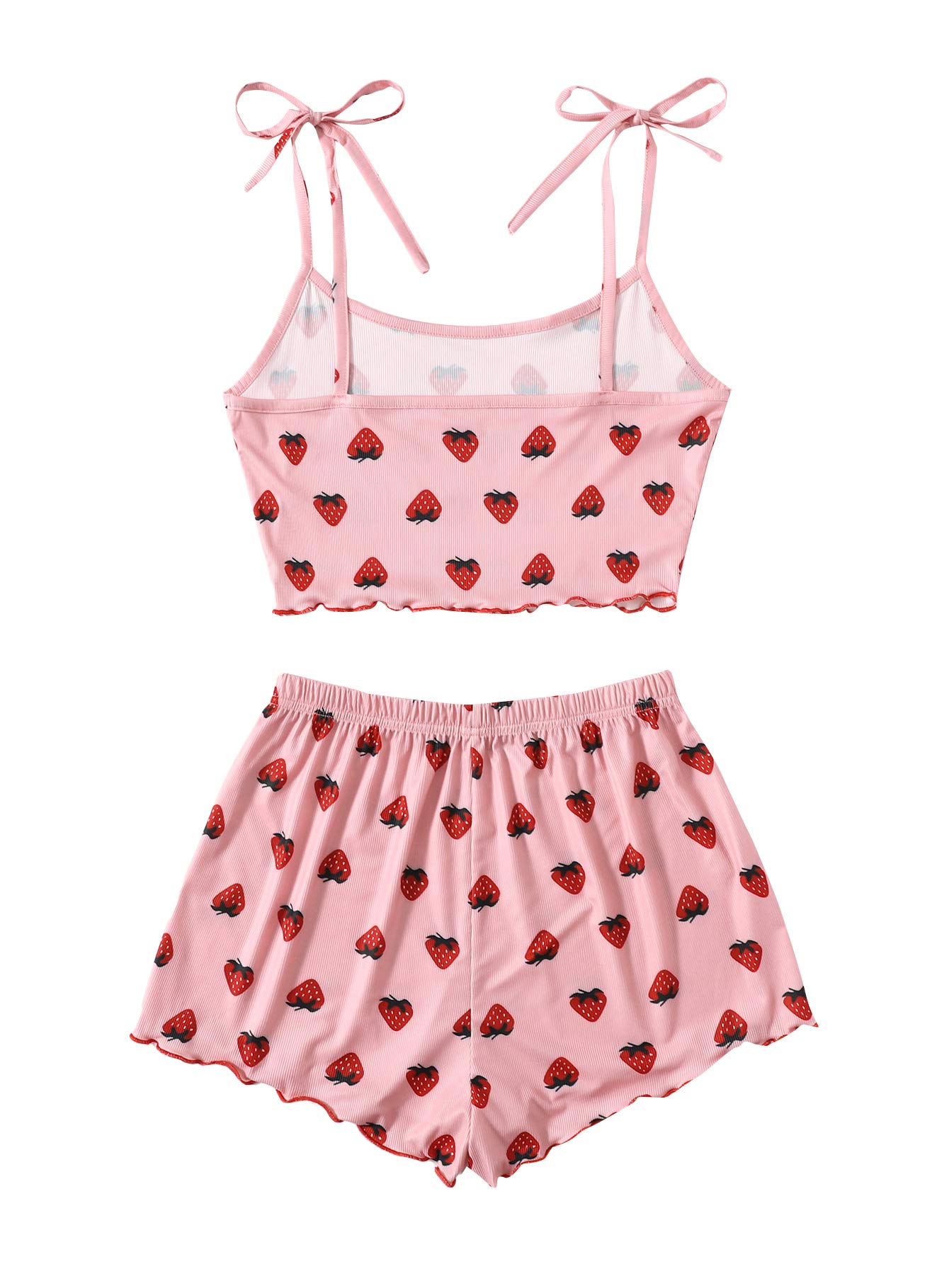 SweatyRocks Women's Summer Strawberry Print Cami Top and Shorts Sleepwear Pajamas Set Strawberry Pink S