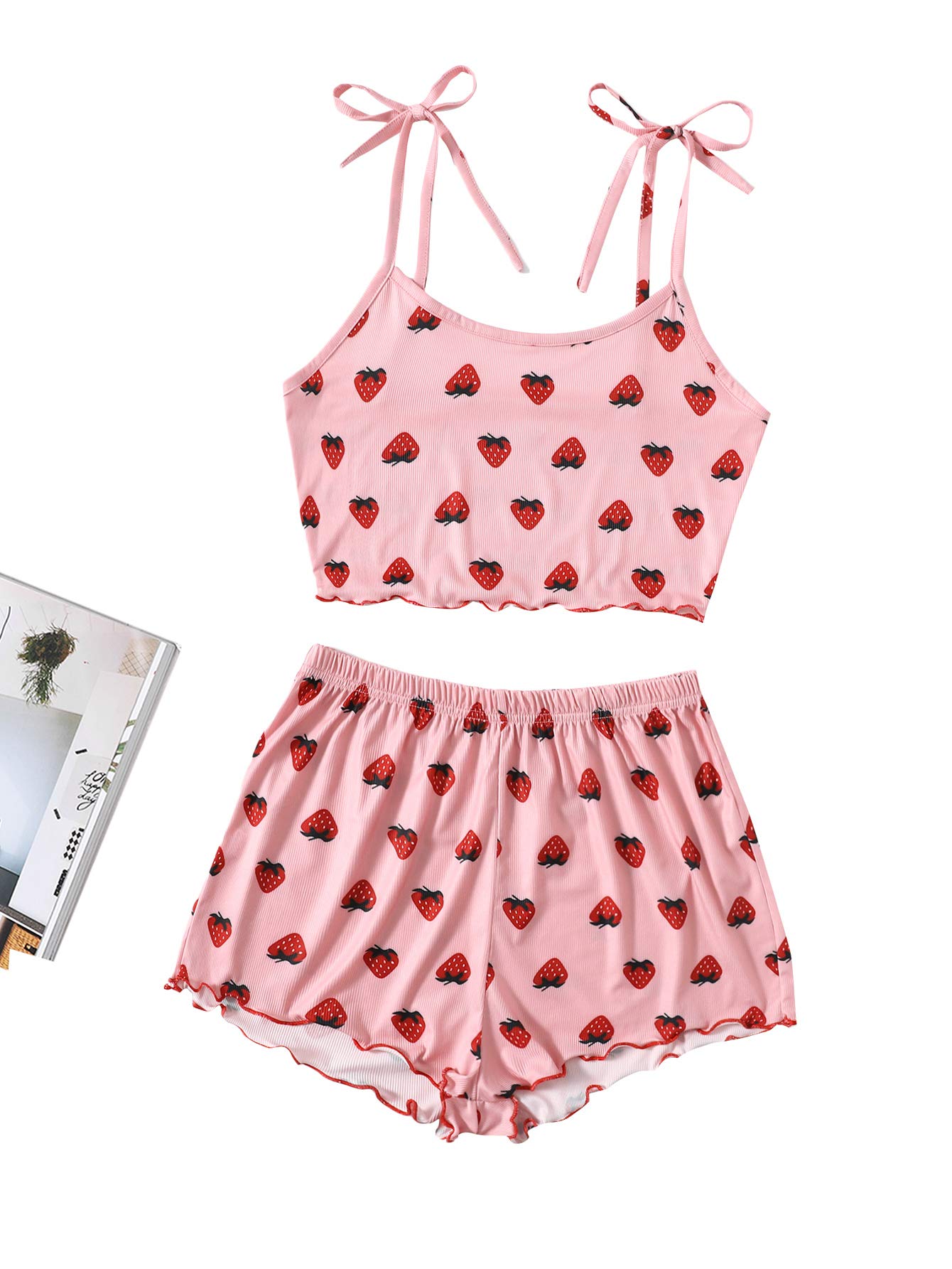 SweatyRocks Women's Summer Strawberry Print Cami Top and Shorts Sleepwear Pajamas Set Strawberry Pink S