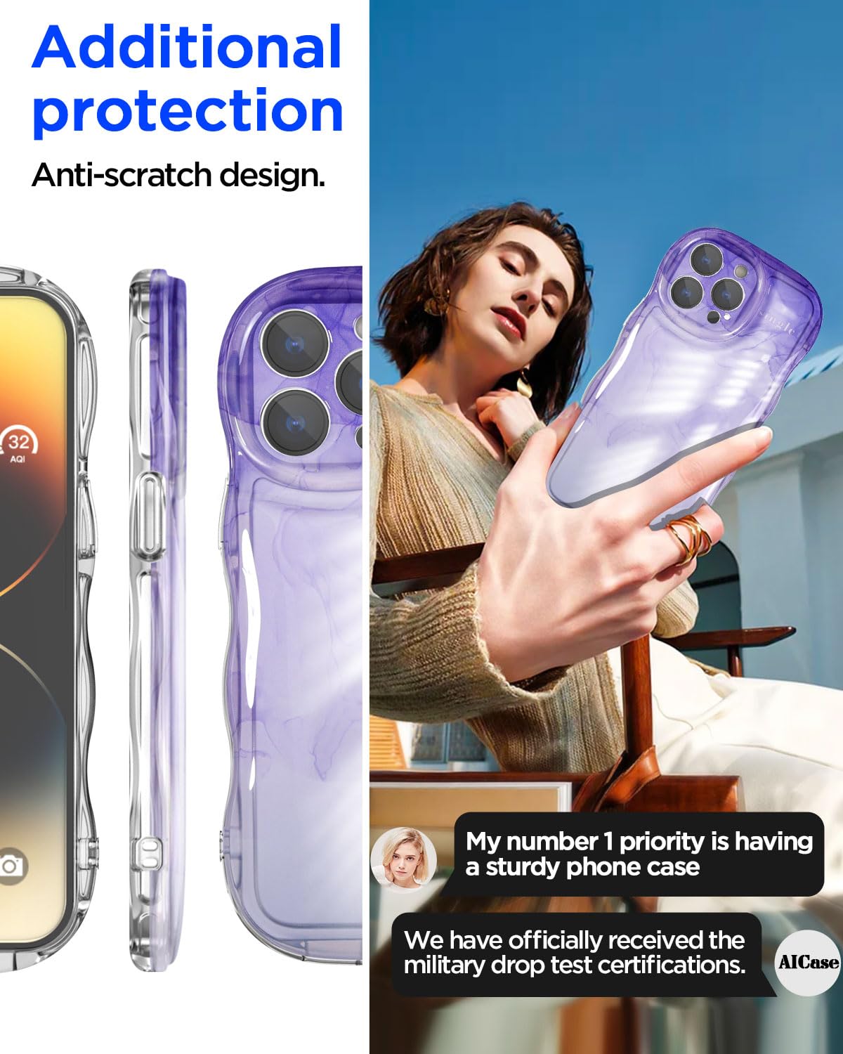 AICase iPhone 14 Pro Max Case Curly Wave Frame Cute Design with Full Camera Lens Protection,Aesthetic Kawaii Slim TPU Bumper Luxury Plated Shockproof Protective Transparent for Women Girls Men_5