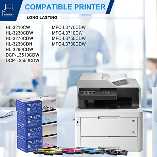 TN227 BK/C/M/Y Toner Cartridge 4 Pack (with chip): Compatible TN227 TN-227 Replacement for Brother MFC-L3770CDW L3710CW L3750CDW HL-3210CW 3230CDW 3270CDW 3290CDW DCP-L3510CDW L3550CDW Printer