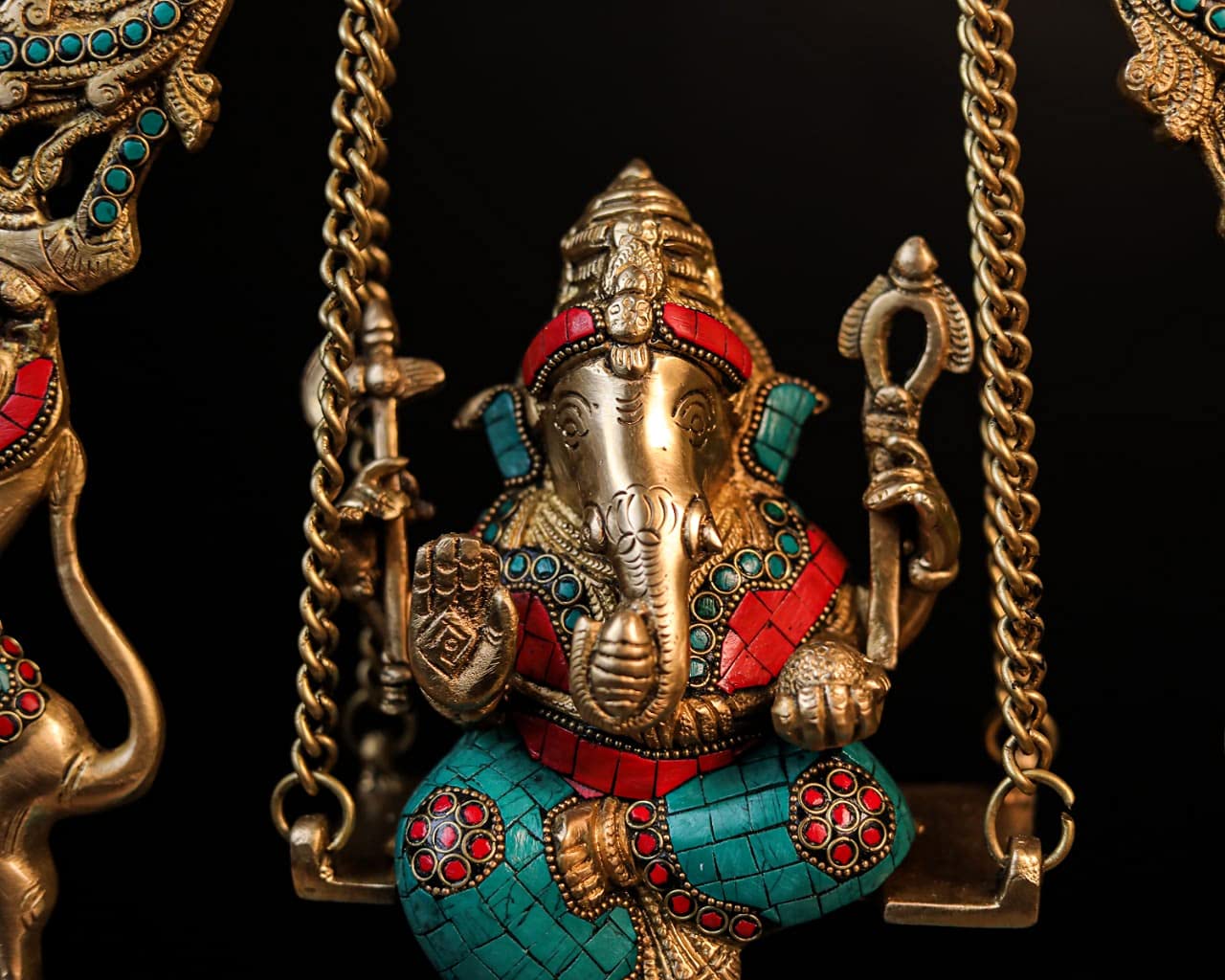 SHIVAJI ARTS Brass Ganesha Statue on Swing, 20 Inch Big Large Ganesh Idol on Jhoola in Brass, Swinging Ganesh Idol, Jhula Ganesh Murti, Showpiece