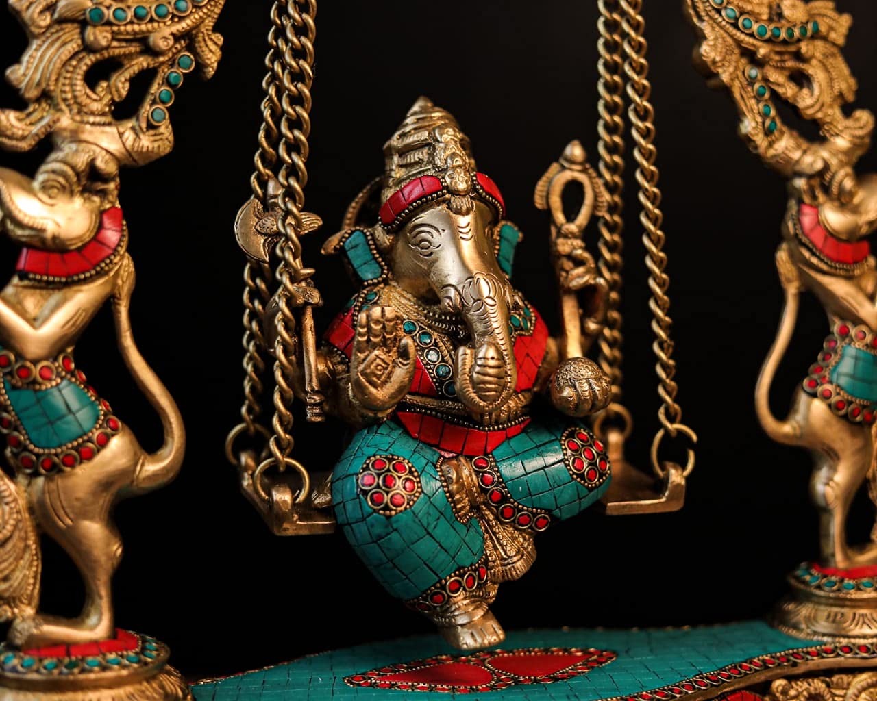 SHIVAJI ARTS Brass Ganesha Statue on Swing, 20 Inch Big Large Ganesh Idol on Jhoola in Brass, Swinging Ganesh Idol, Jhula Ganesh Murti, Showpiece