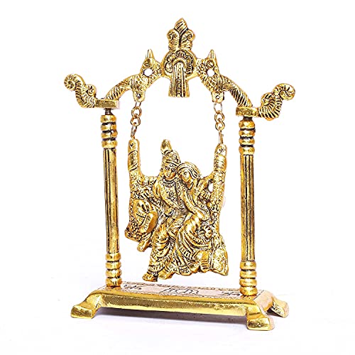Handy's Stores Radha Krishna on Swing jhula Metal Statue Gold Plated Decor Your Home,Office & Radha Krishna Murti,Showpiece Figurines,Religious Idol Gift Article. (Size 17 x 7 x 20 cm :: 270 Grams)