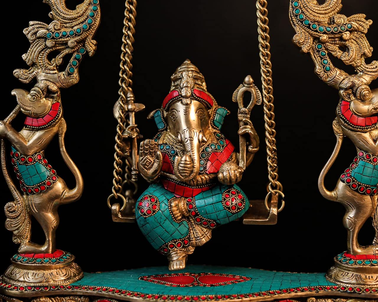 SHIVAJI ARTS Brass Ganesha Statue on Swing, 20 Inch Big Large Ganesh Idol on Jhoola in Brass, Swinging Ganesh Idol, Jhula Ganesh Murti, Showpiece