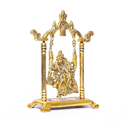Handy's Stores Radha Krishna on Swing jhula Metal Statue Gold Plated Decor Your Home,Office & Radha Krishna Murti,Showpiece Figurines,Religious Idol Gift Article. (Size 17 x 7 x 20 cm :: 270 Grams)