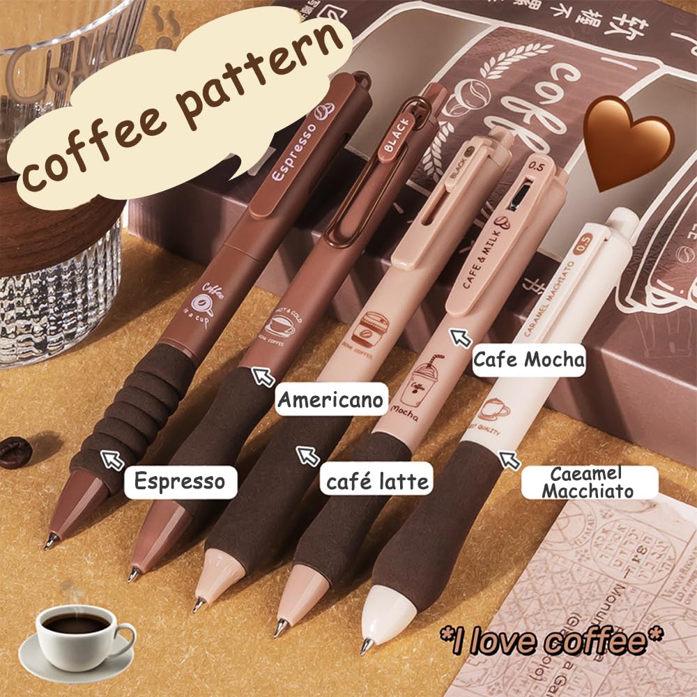 LSLSHY Cute Gel Pens 5Pcs Retractable Quick Dry Ink Pens 0.5mm Fine Point Black Ink Kawaii Smooth Writing Pens for School Office Supplies Aesthetic pretty pens (Coffee)