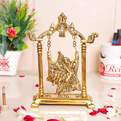 Handy's Stores Radha Krishna on Swing jhula Metal Statue Gold Plated Decor Your Home,Office & Radha Krishna Murti,Showpiece Figurines,Religious Idol Gift Article. (Size 17 x 7 x 20 cm :: 270 Grams)