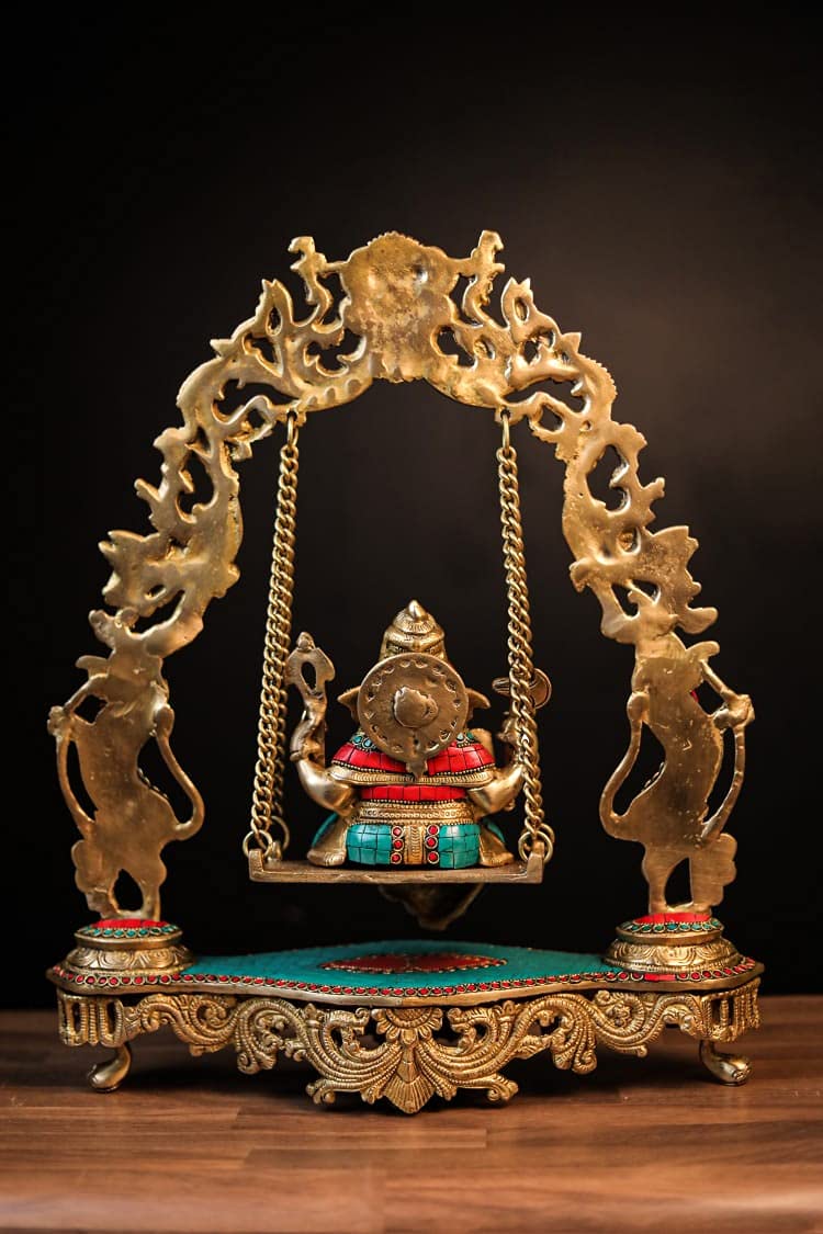 SHIVAJI ARTS Brass Ganesha Statue on Swing, 20 Inch Big Large Ganesh Idol on Jhoola in Brass, Swinging Ganesh Idol, Jhula Ganesh Murti, Showpiece