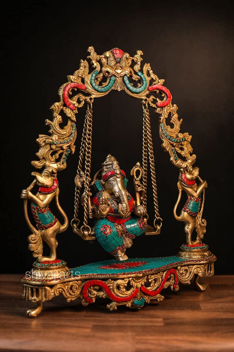 SHIVAJI ARTS Brass Ganesha Statue on Swing, 20 Inch Big Large Ganesh Idol on Jhoola in Brass, Swinging Ganesh Idol, Jhula Ganesh Murti, Showpiece