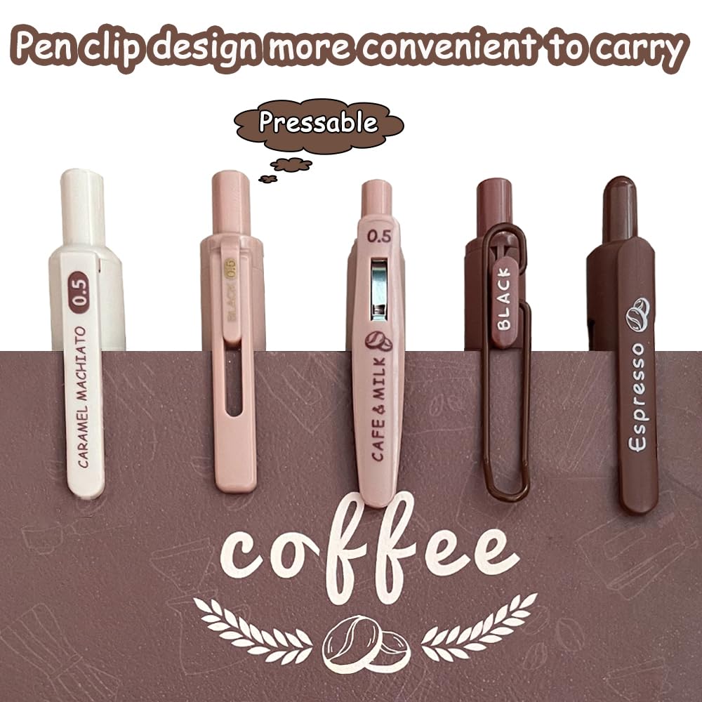 LSLSHY Cute Gel Pens 5Pcs Retractable Quick Dry Ink Pens 0.5mm Fine Point Black Ink Kawaii Smooth Writing Pens for School Office Supplies Aesthetic pretty pens (Coffee)