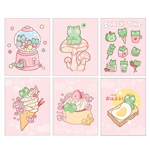 L&B CREATIONS Kawaii Room Decor Frog Art Drawings - Set of 6 Pink Kawaii Posters, Cute Japanese Aesthetic Anime Wall Art Prints for Girls Bedroom (Unframed 8x10)