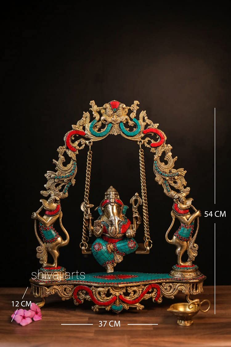 SHIVAJI ARTS Brass Ganesha Statue on Swing, 20 Inch Big Large Ganesh Idol on Jhoola in Brass, Swinging Ganesh Idol, Jhula Ganesh Murti, Showpiece