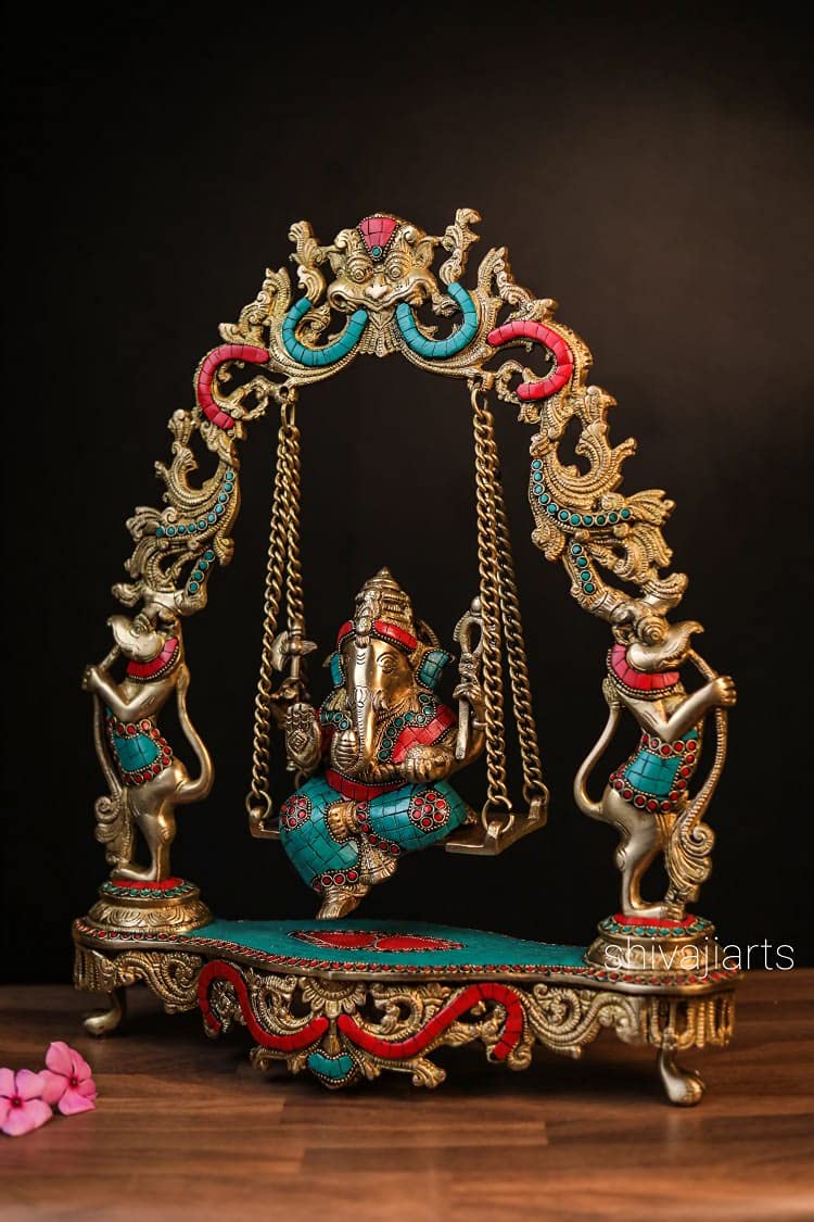 SHIVAJI ARTS Brass Ganesha Statue on Swing, 20 Inch Big Large Ganesh Idol on Jhoola in Brass, Swinging Ganesh Idol, Jhula Ganesh Murti, Showpiece