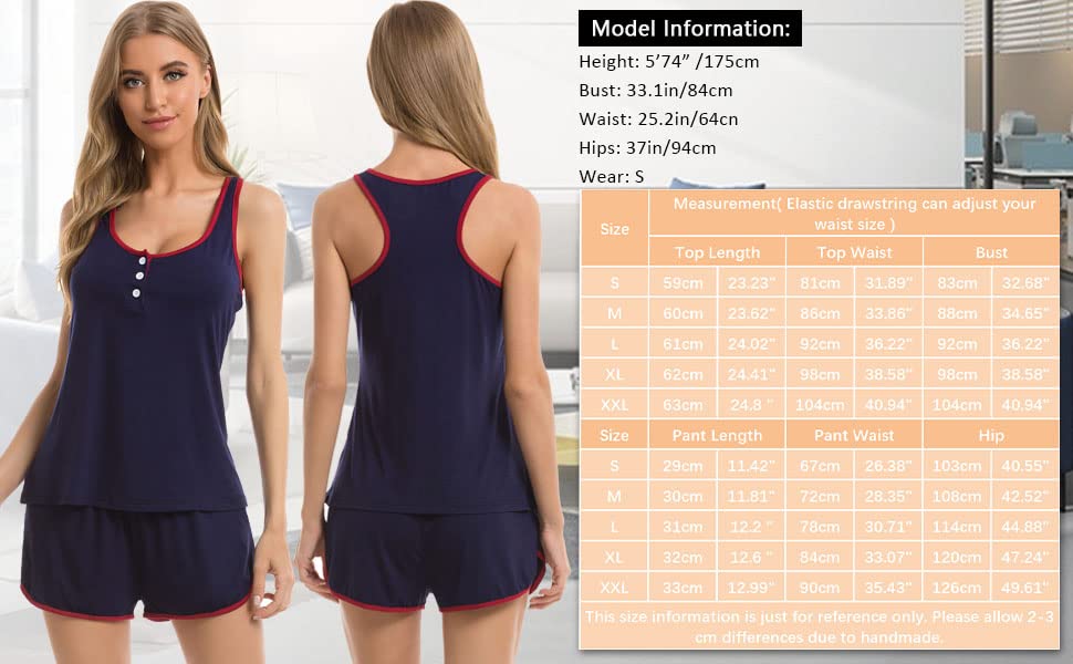 Vlazom Women's Pajama Short Set Soft Cami 2 Pieces Pj's Sets Tank Top and Shorts Sleepwear Set with Pockets, Style A-Navy,XL