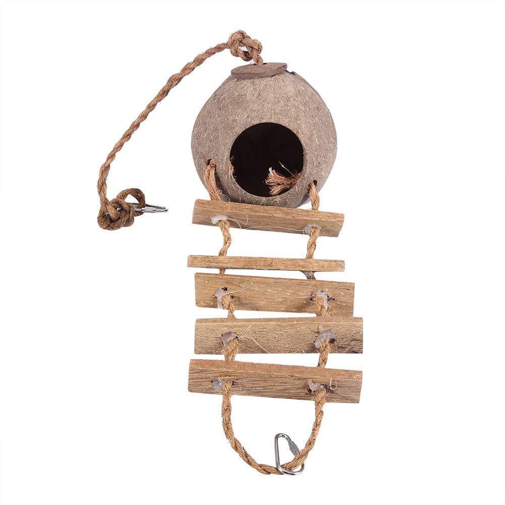 Coconut Shell Bird Nest House Hut with Wood Ladder Bed Swing Toy for Parrot Parakeet Cockatiel Canary Finch Small Parrot Hamster Chinchilla Cage (#2),Bird cage Bird House