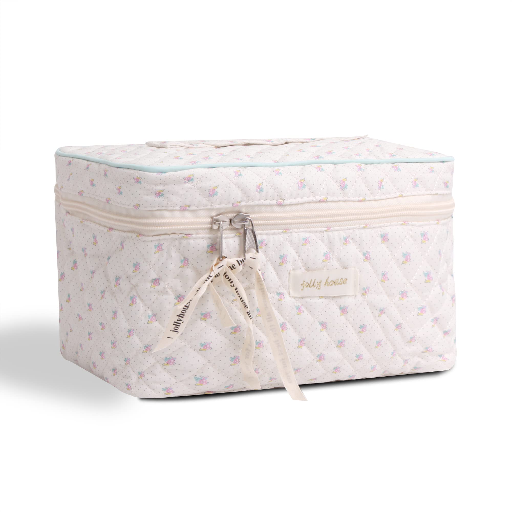 Dalulu Kawaii Floral Makeup Bag Coquette Aesthetic Cosmetic Bag Large Travel Make up Organizer Cute Pouch Cotton Quilted Toiletry Bag for Women Girls Kawaii Stuff (L-Beige Flowers)