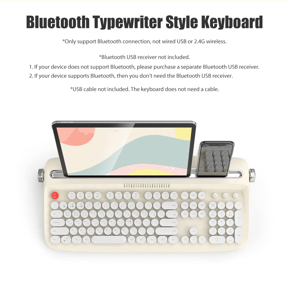 TISHLED Typewriter Keyboard Wireless Bluetooth 5.0 Retro Aesthetic Cute Kawaii Round Keycaps 106-Key with Num Pad Clicky Mechanical Feeling with Pad/Phone Holder for Windows/Mac OS/Android/iOS (Pink)