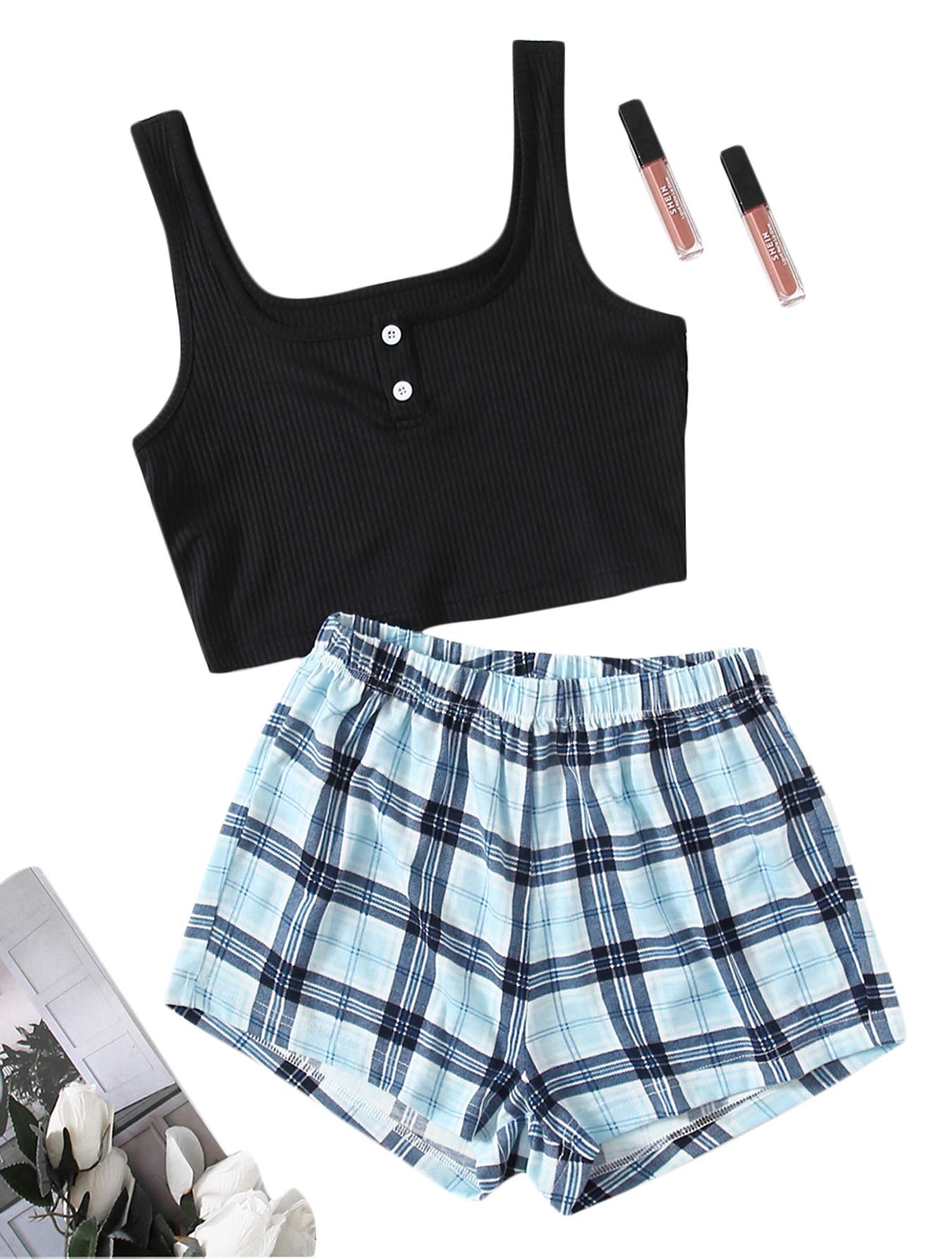 Verdusa Women's 2 Piece Outfits Crop Tank Top and Plaid Shorts Cute Loungewear Pajama Set Black Blue XL