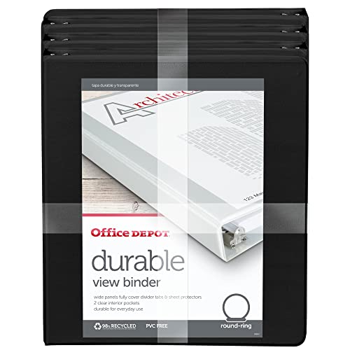 Office Depot® Brand Durable Round-Ring View Binders, 1" Rings, Black, Pack Of 6 Binders