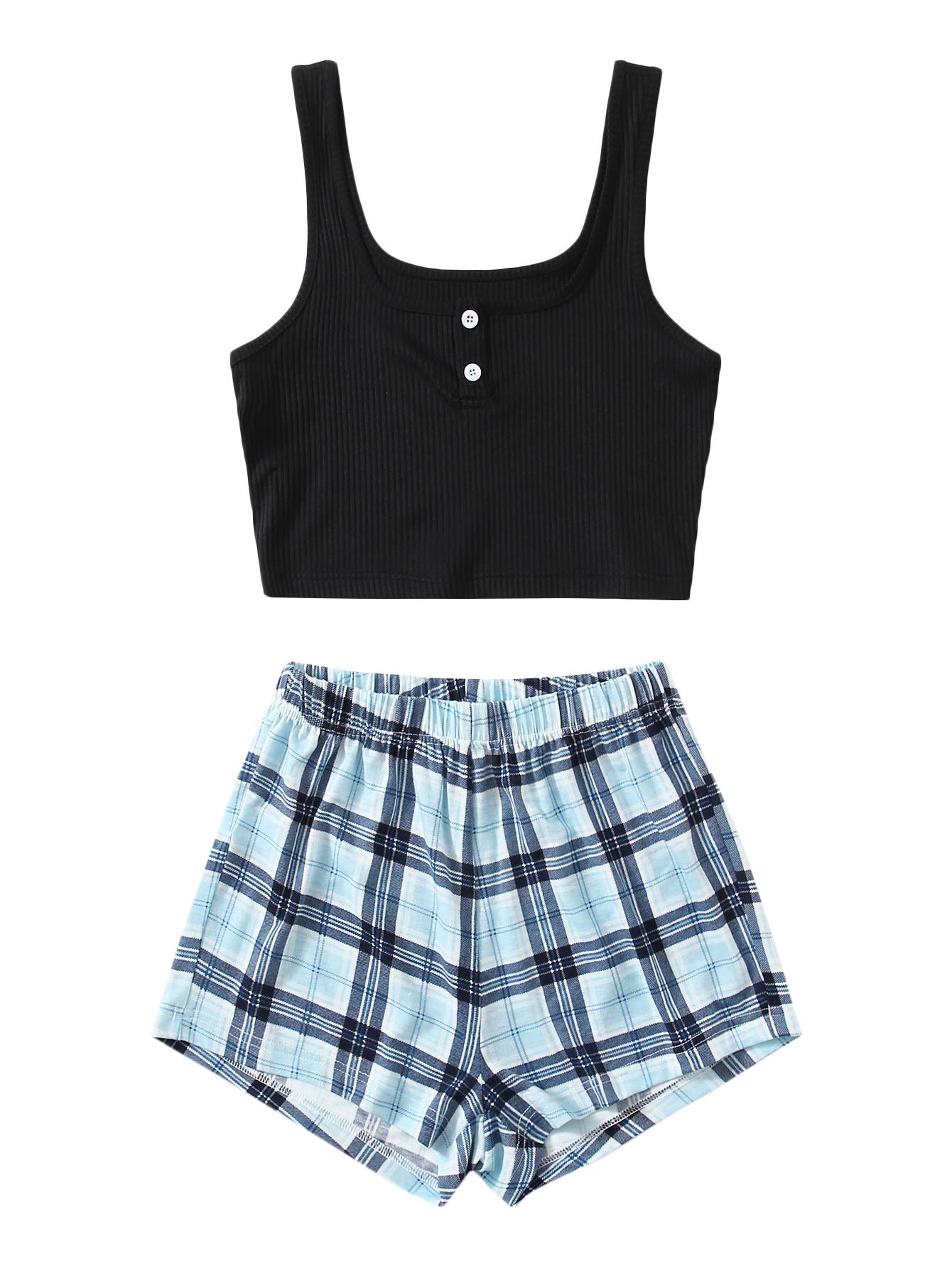 Verdusa Women's 2 Piece Outfits Crop Tank Top and Plaid Shorts Cute Loungewear Pajama Set Black Blue XL