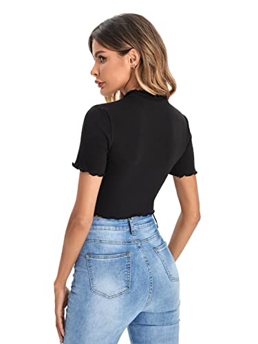 SweatyRocks Women's Lettuce Trim Ribbed Knit Short Sleeve Crop Top T-Shirt Black S