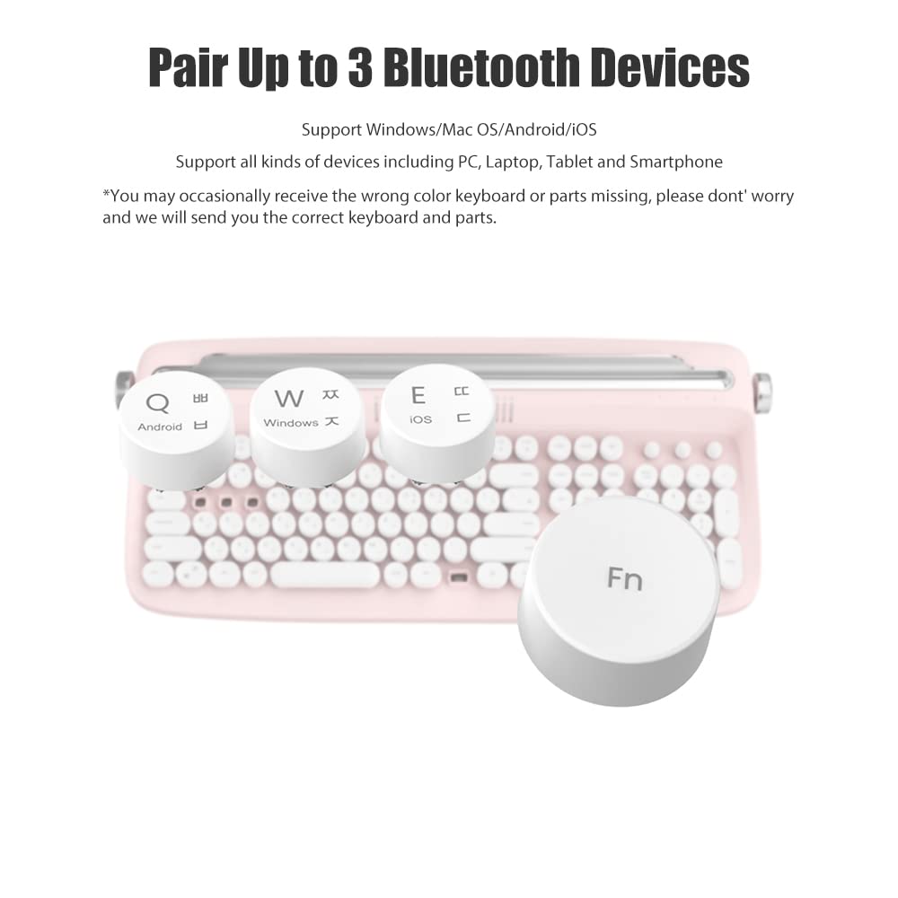 TISHLED Typewriter Keyboard Wireless Bluetooth 5.0 Retro Aesthetic Cute Kawaii Round Keycaps 106-Key with Num Pad Clicky Mechanical Feeling with Pad/Phone Holder for Windows/Mac OS/Android/iOS (Pink)