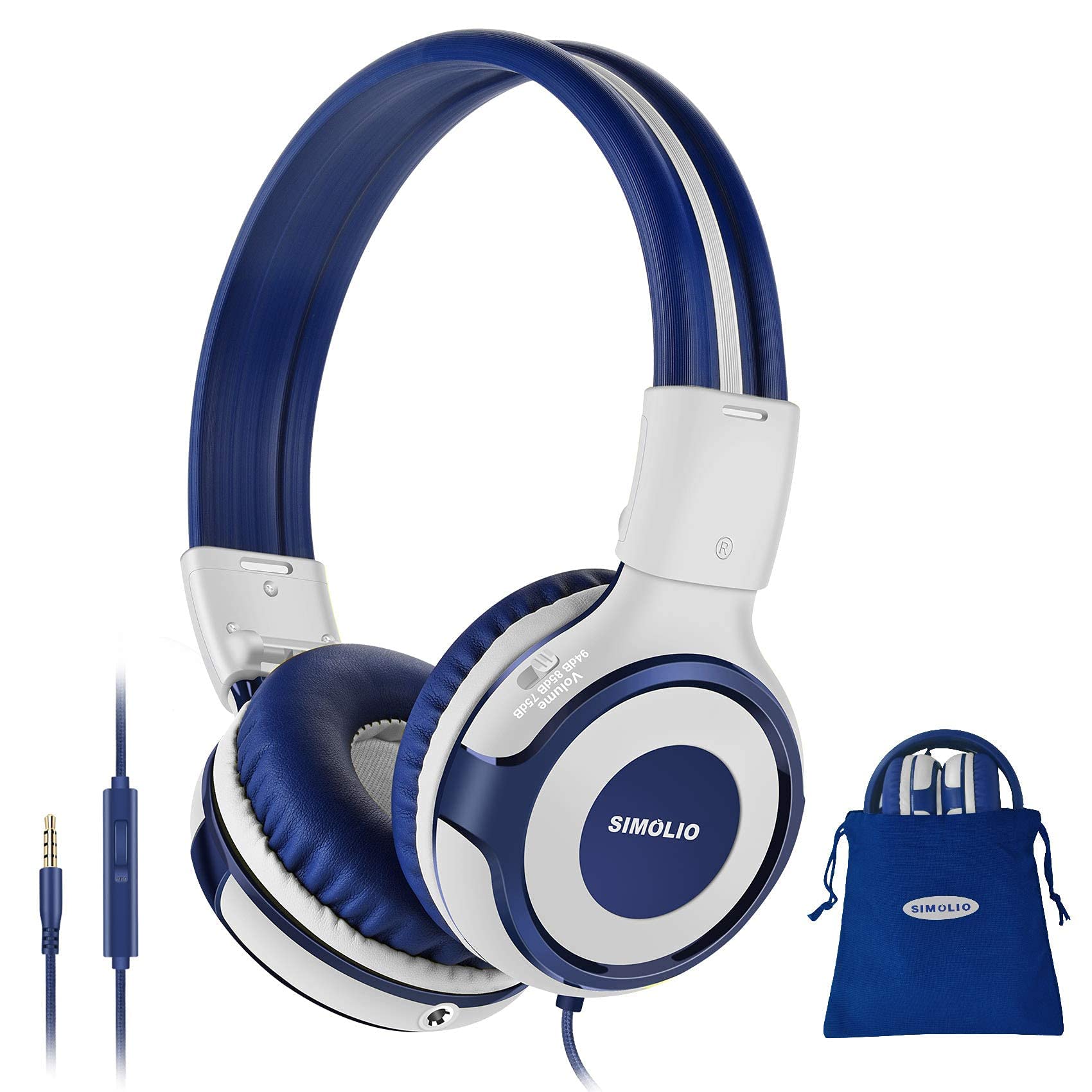 SIMOLIO Foldable Wired Headphones Teens Adults Kids Youths w/Mic & Volume Control & Volume Limited & Share Port & Portable Pouch, Safe Volume Stereo Headset for Online School Gaming PC Laptop Travel