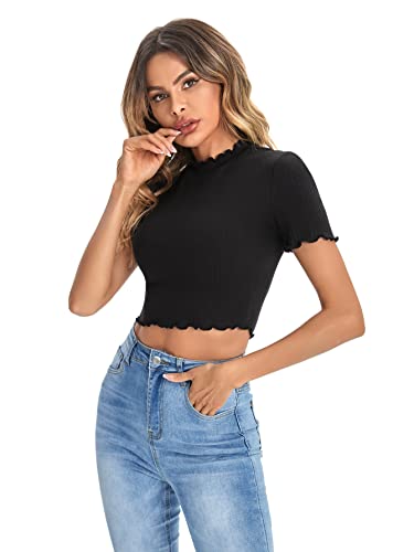 SweatyRocks Women's Lettuce Trim Ribbed Knit Short Sleeve Crop Top T-Shirt Black S