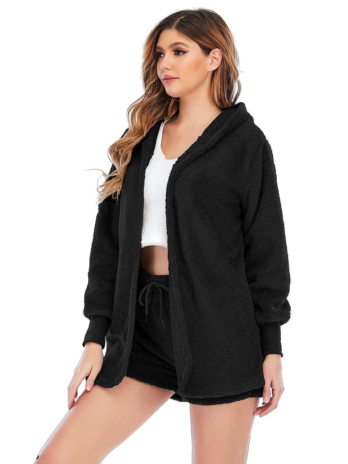 Famnbro Womens Fuzzy Sweater Sets Sexy 3 Piece Outfits Fleece Coat Jacket Tank Top Shorts Set C-black