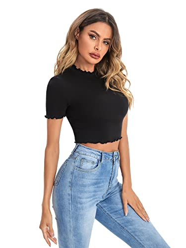 SweatyRocks Women's Lettuce Trim Ribbed Knit Short Sleeve Crop Top T-Shirt Black S
