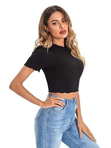 SweatyRocks Women's Lettuce Trim Ribbed Knit Short Sleeve Crop Top T-Shirt Black S