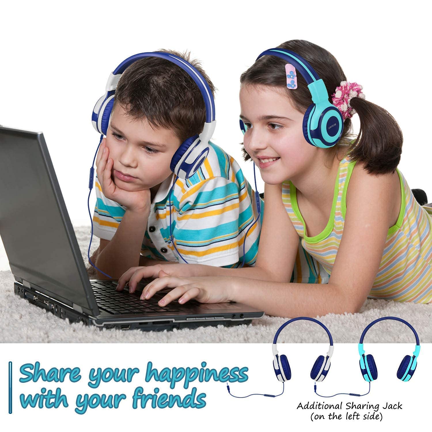 SIMOLIO Foldable Wired Headphones Teens Adults Kids Youths w/Mic & Volume Control & Volume Limited & Share Port & Portable Pouch, Safe Volume Stereo Headset for Online School Gaming PC Laptop Travel
