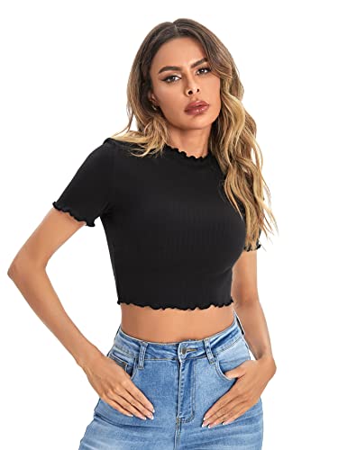 SweatyRocks Women's Lettuce Trim Ribbed Knit Short Sleeve Crop Top T-Shirt Black S