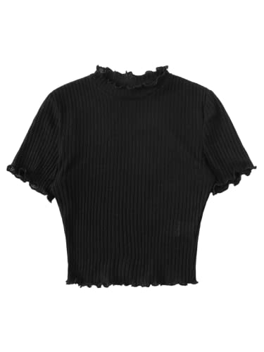 SweatyRocks Women's Lettuce Trim Ribbed Knit Short Sleeve Crop Top T-Shirt Black S