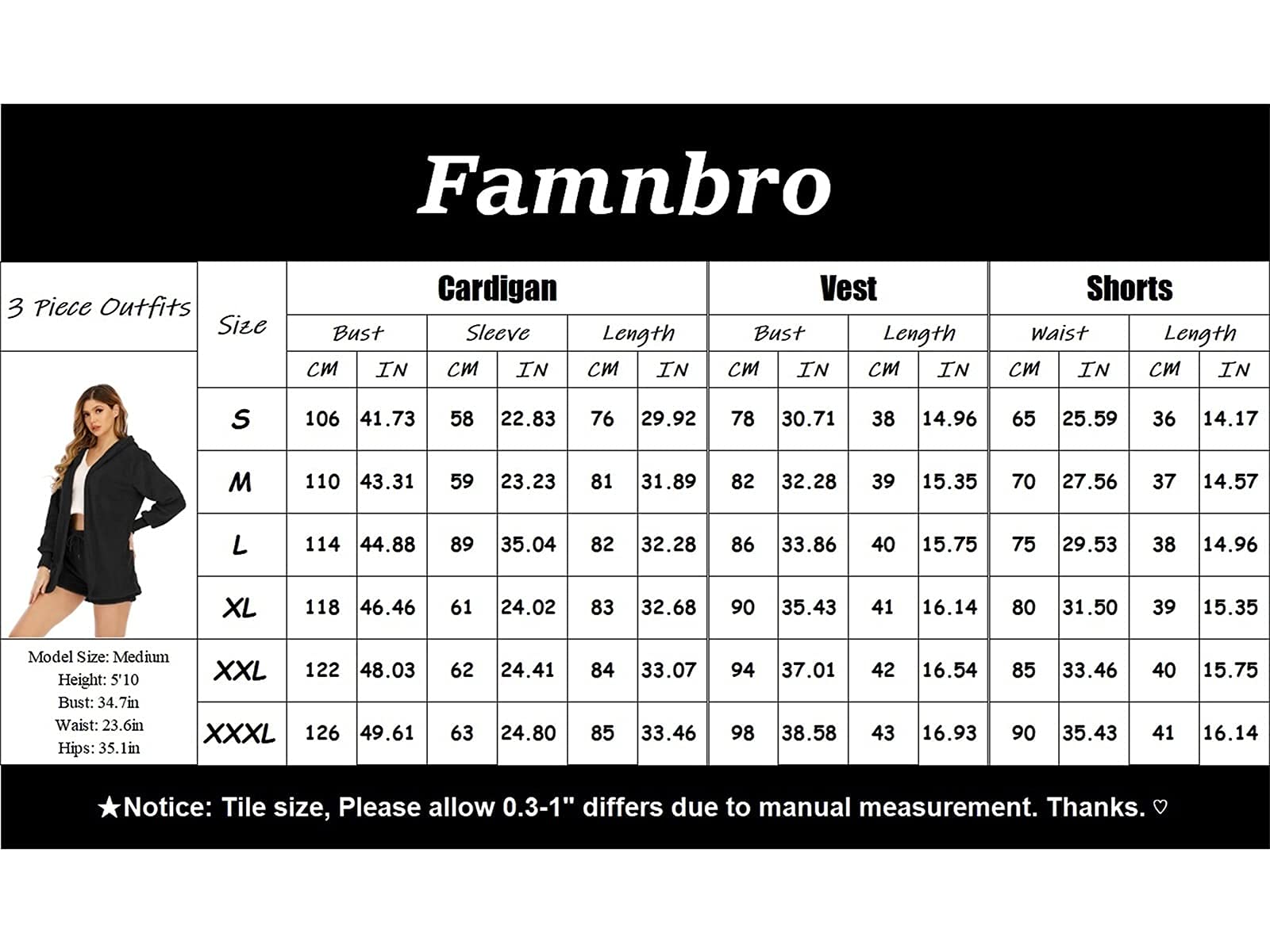 Famnbro Womens Fuzzy Sweater Sets Sexy 3 Piece Outfits Fleece Coat Jacket Tank Top Shorts Set C-black