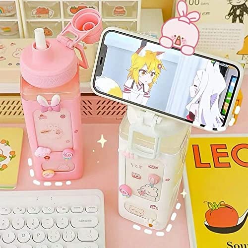 excvalues Kawaii Water Bottle with Straw Cute Large Water Bottles with Kawaii Stickers Aesthetic Leakproof Square Drinking Bottle (white 1)